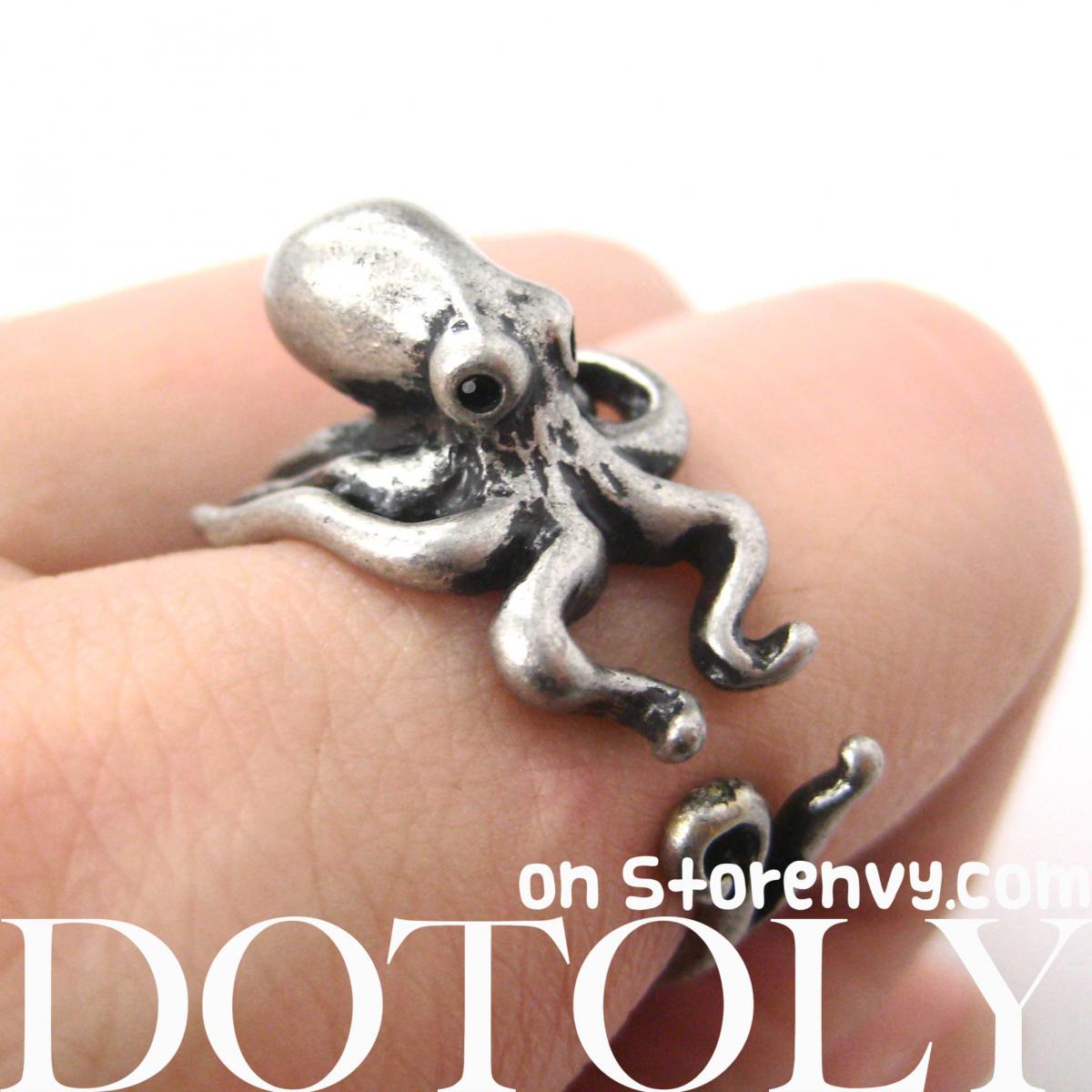 3d Realistic Octopus Squid Animal Wrap Ring In Silver - Sizes 4 To 9 ...