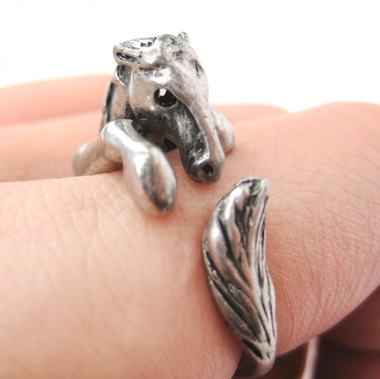 Realistic Horse Pony Animal Hug Wrap Ring In Silver - Sizes 4 To 9 ...