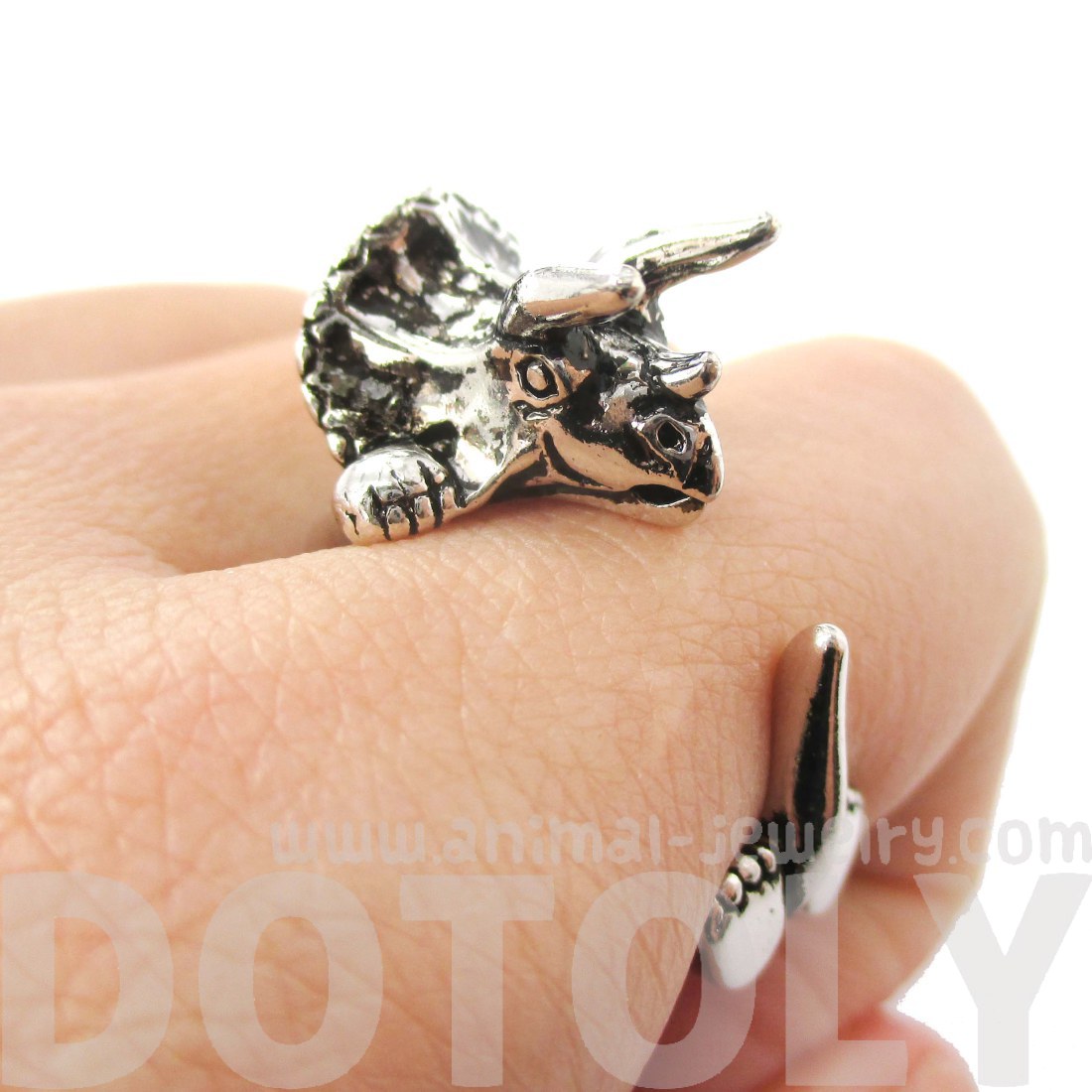 Large Triceratops Dinosaur Animal Wrap Around Hug Ring In Shiny Silver ...
