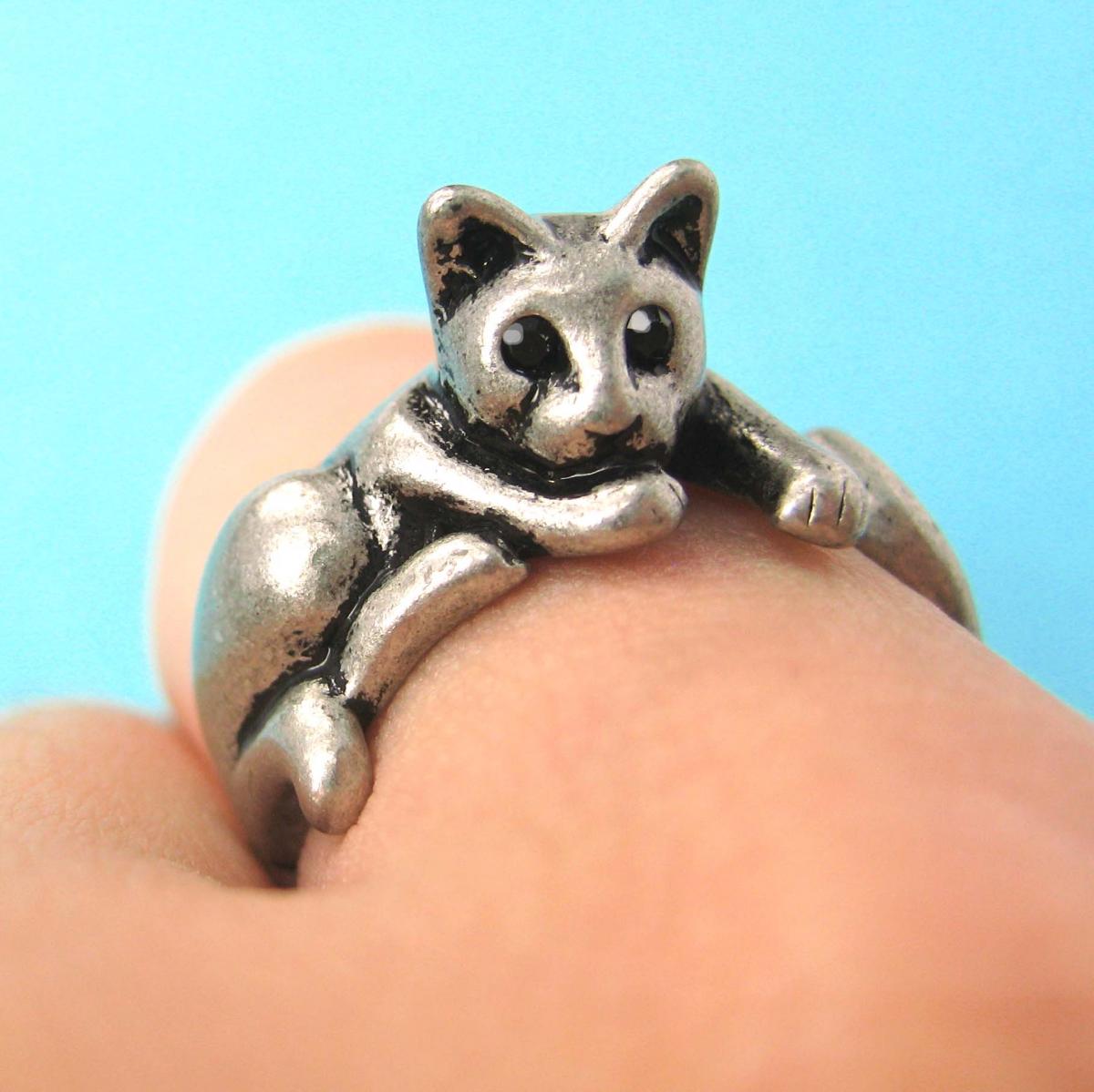 Lazy Kitty Cat Animal Pet Wrap Around Hug Ring In Silver Sizes 4 To 9 ...