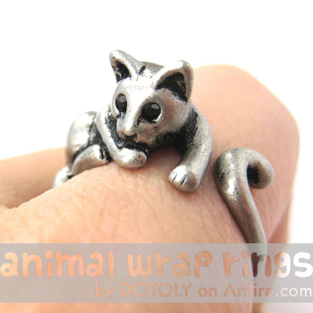 Lazy Kitty Cat Animal Pet Wrap Around Hug Ring In Silver Sizes 4 To 9 ...