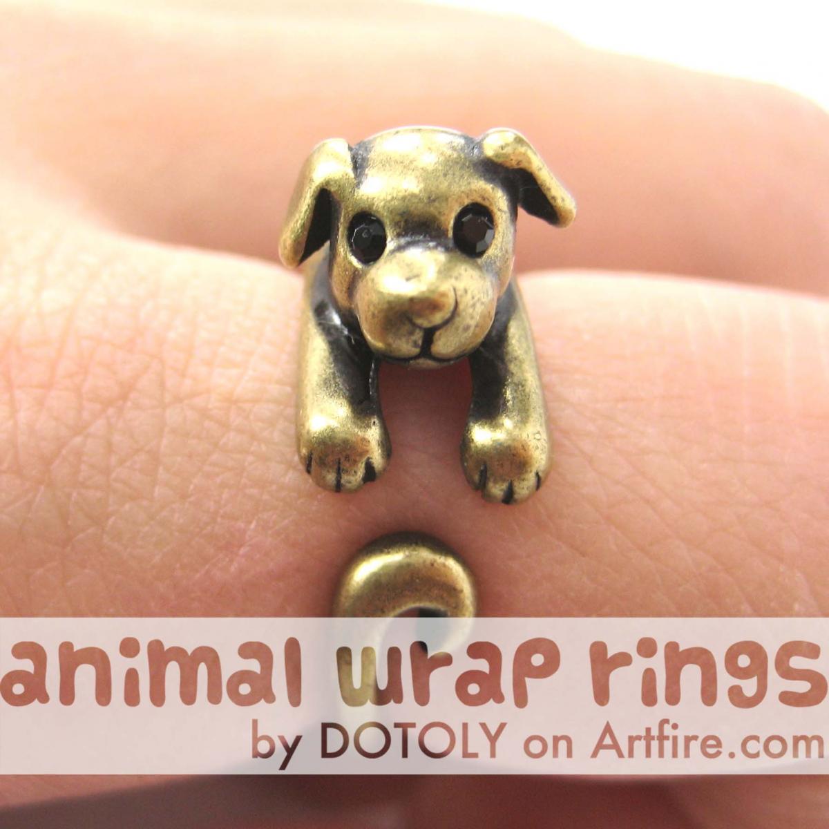 Realistic Puppy Dog Animal Pet Wrap Around Ring In Brass Sizes 4 To 9 ...