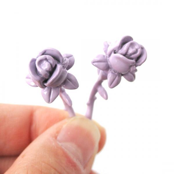 Realistic Fake Gauge Rose Flower Shaped Stud Earrings In Purple on Luulla
