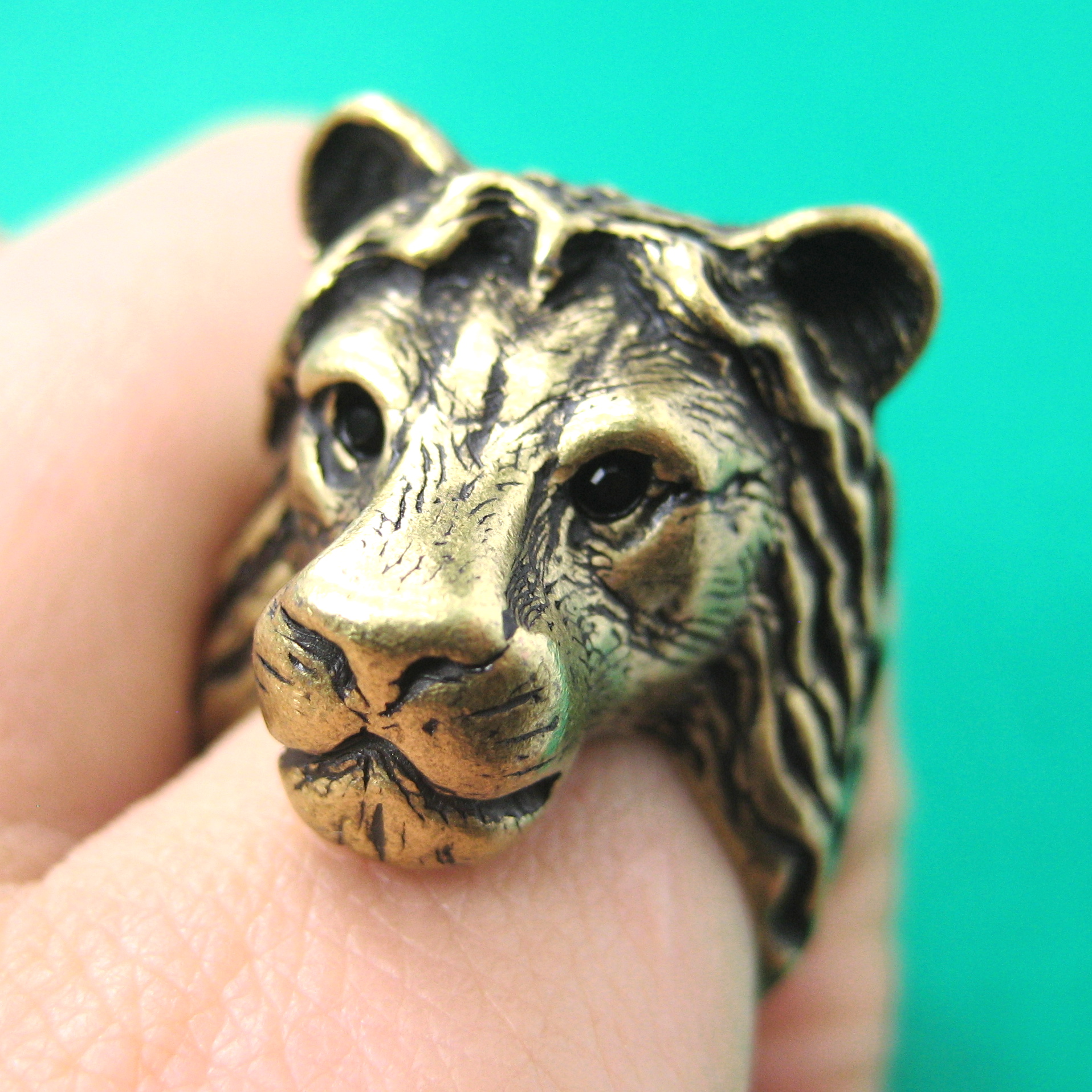 3d Adjustable Realistic Lion Animal Hug Ring In Brass on Luulla