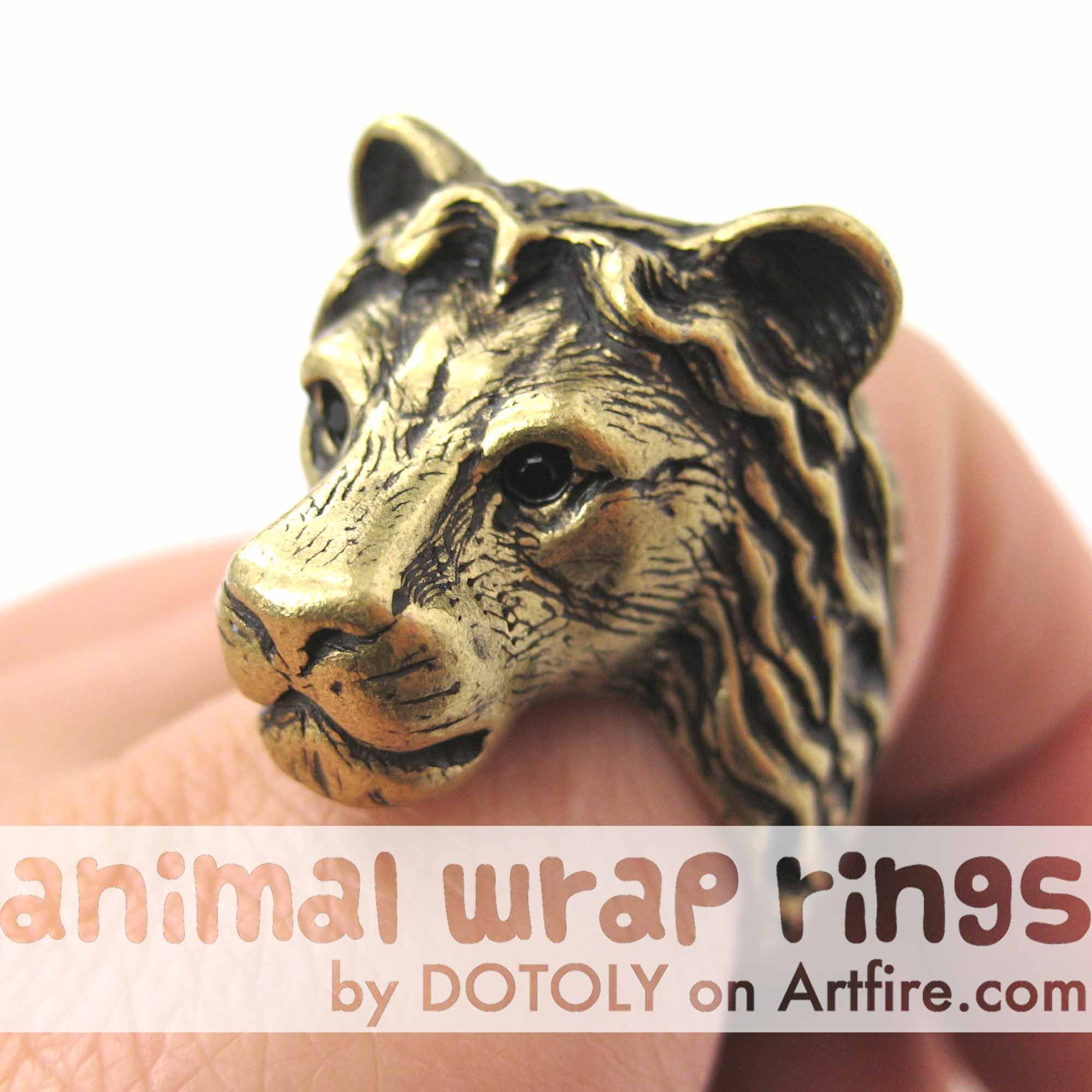 3d Adjustable Realistic Lion Animal Hug Ring In Brass on Luulla