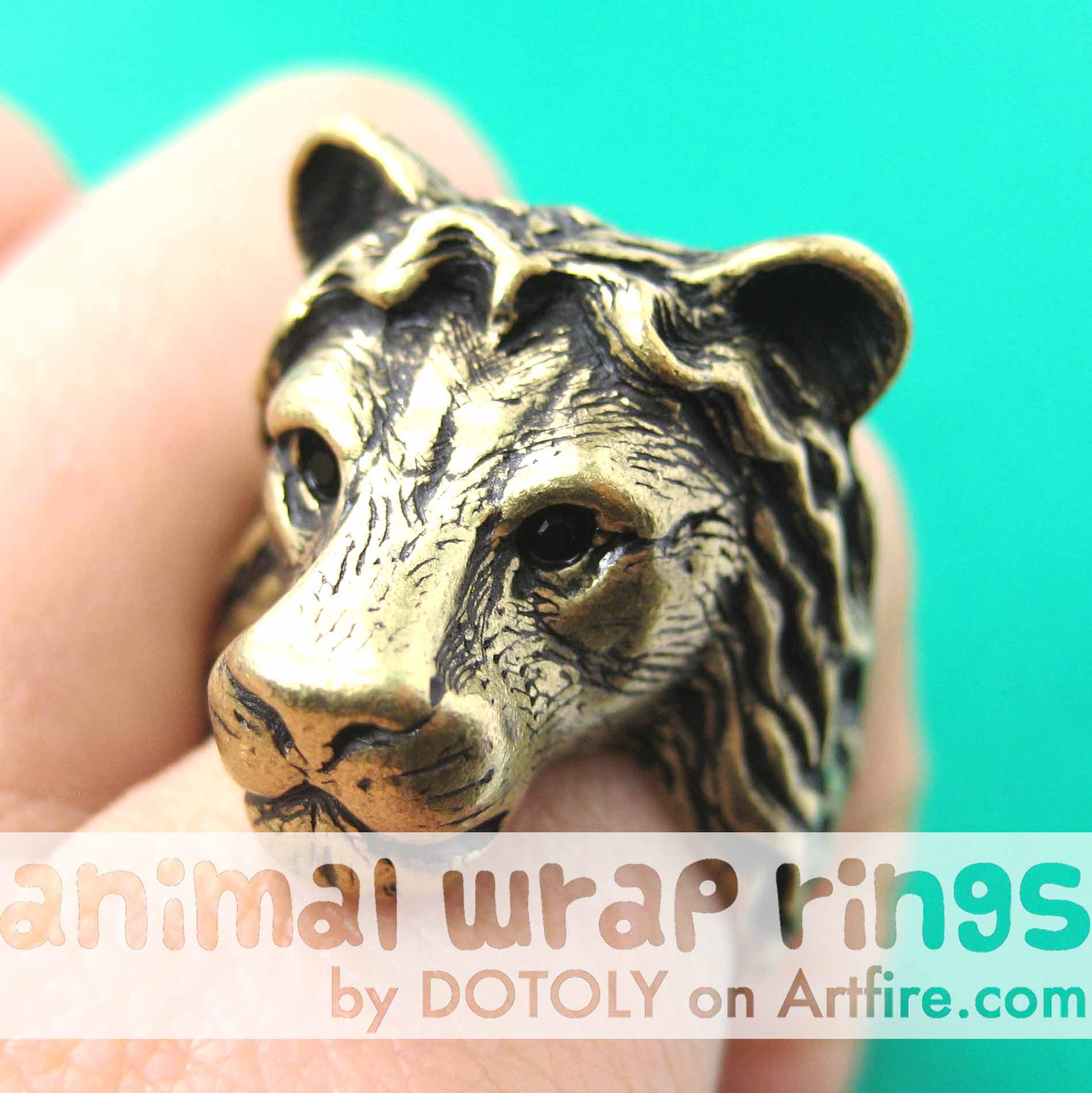 3d Adjustable Realistic Lion Animal Hug Ring In Brass on Luulla