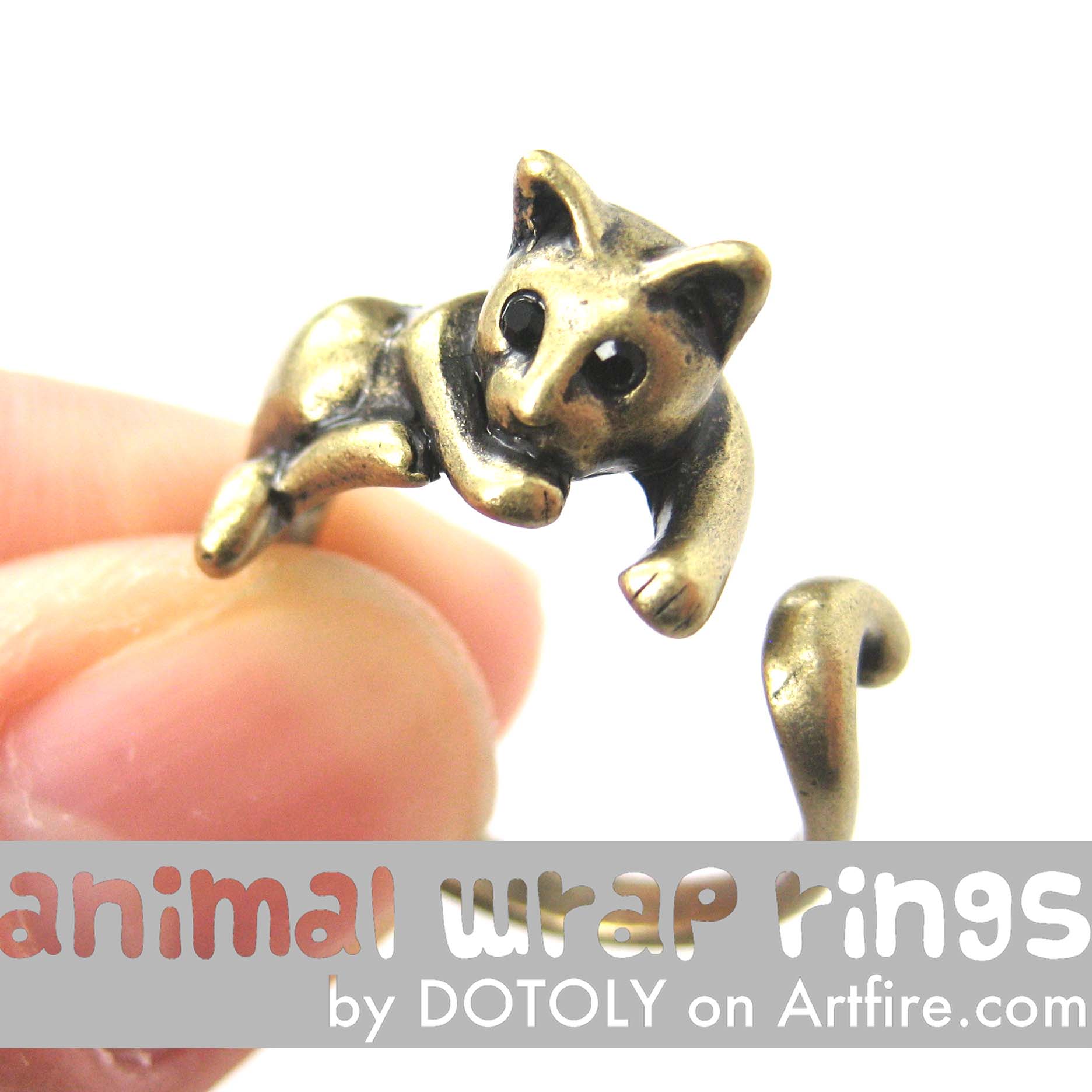 Lazy Kitty Cat Animal Pet Wrap Around Hug Ring In Brass Sizes 4 To 9 on ...