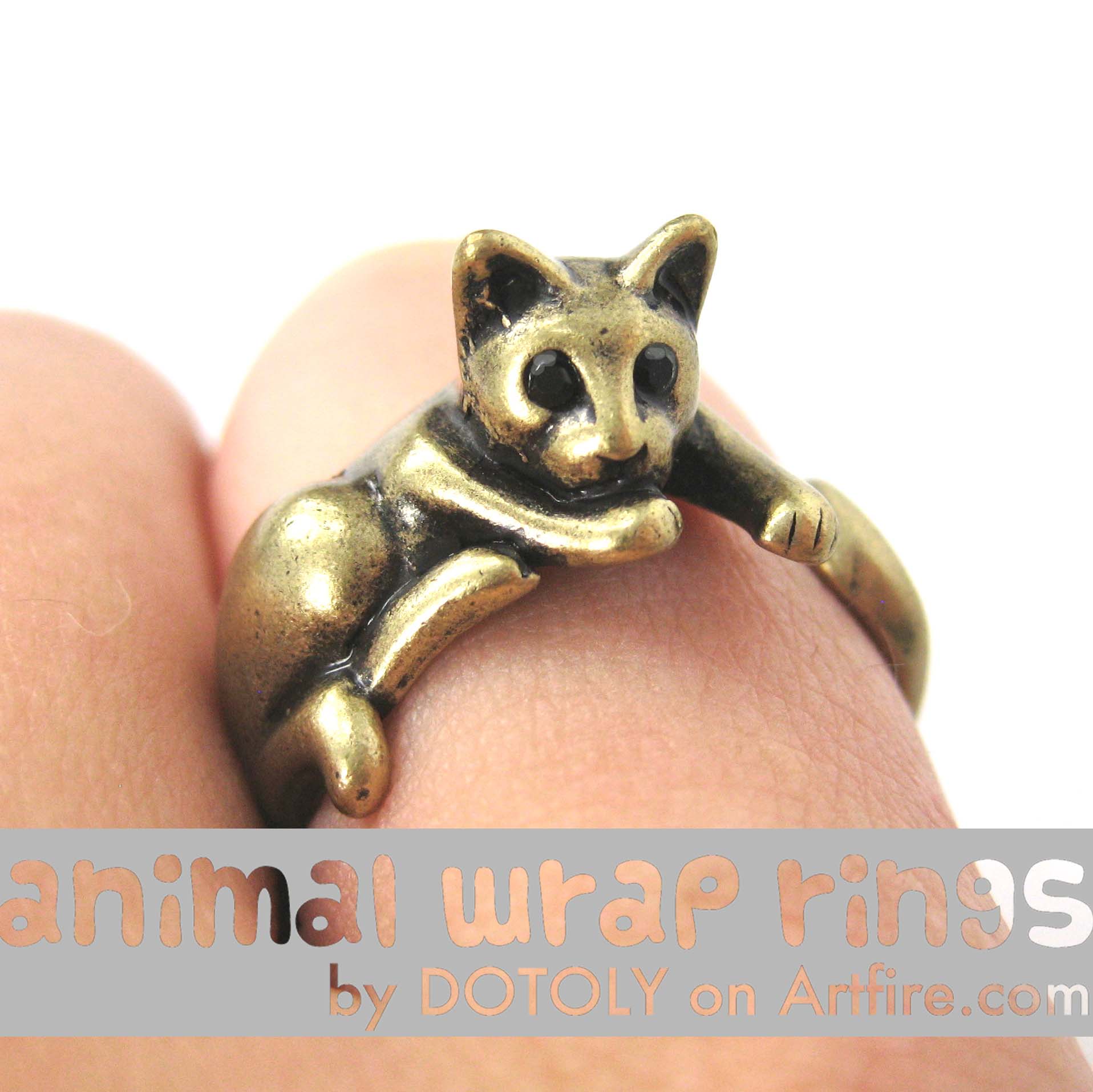 Lazy Kitty Cat Animal Pet Wrap Around Hug Ring In Brass Sizes 4 To 9 on ...