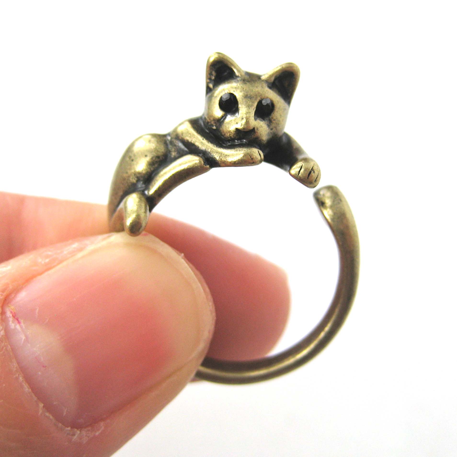 Lazy Kitty Cat Animal Pet Wrap Around Hug Ring In Brass Sizes 4 To 9 on ...