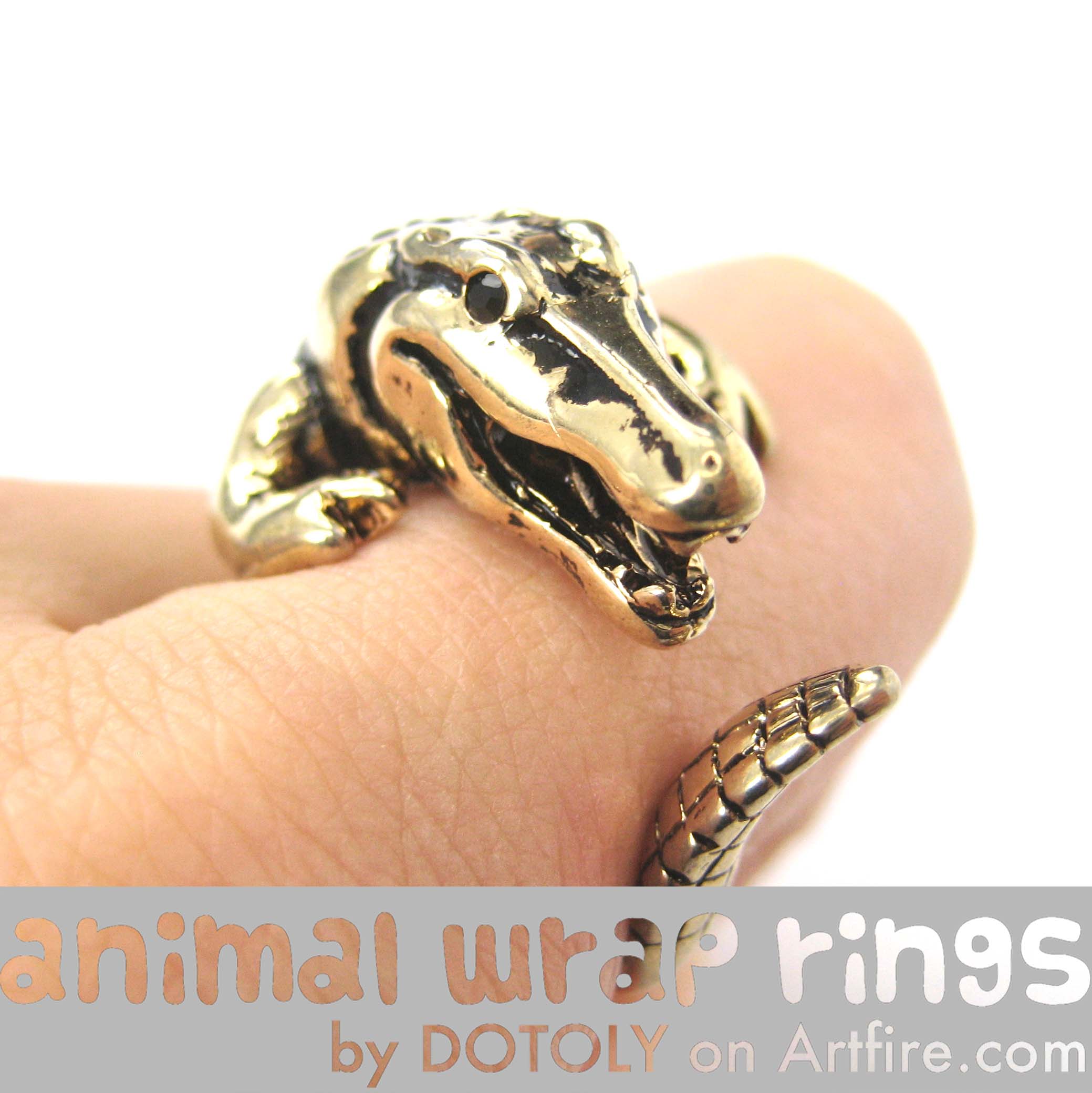 Large 3d Crocodile Animal Wrap Around Hug Ring In Shiny Gold Sizes 4 To ...