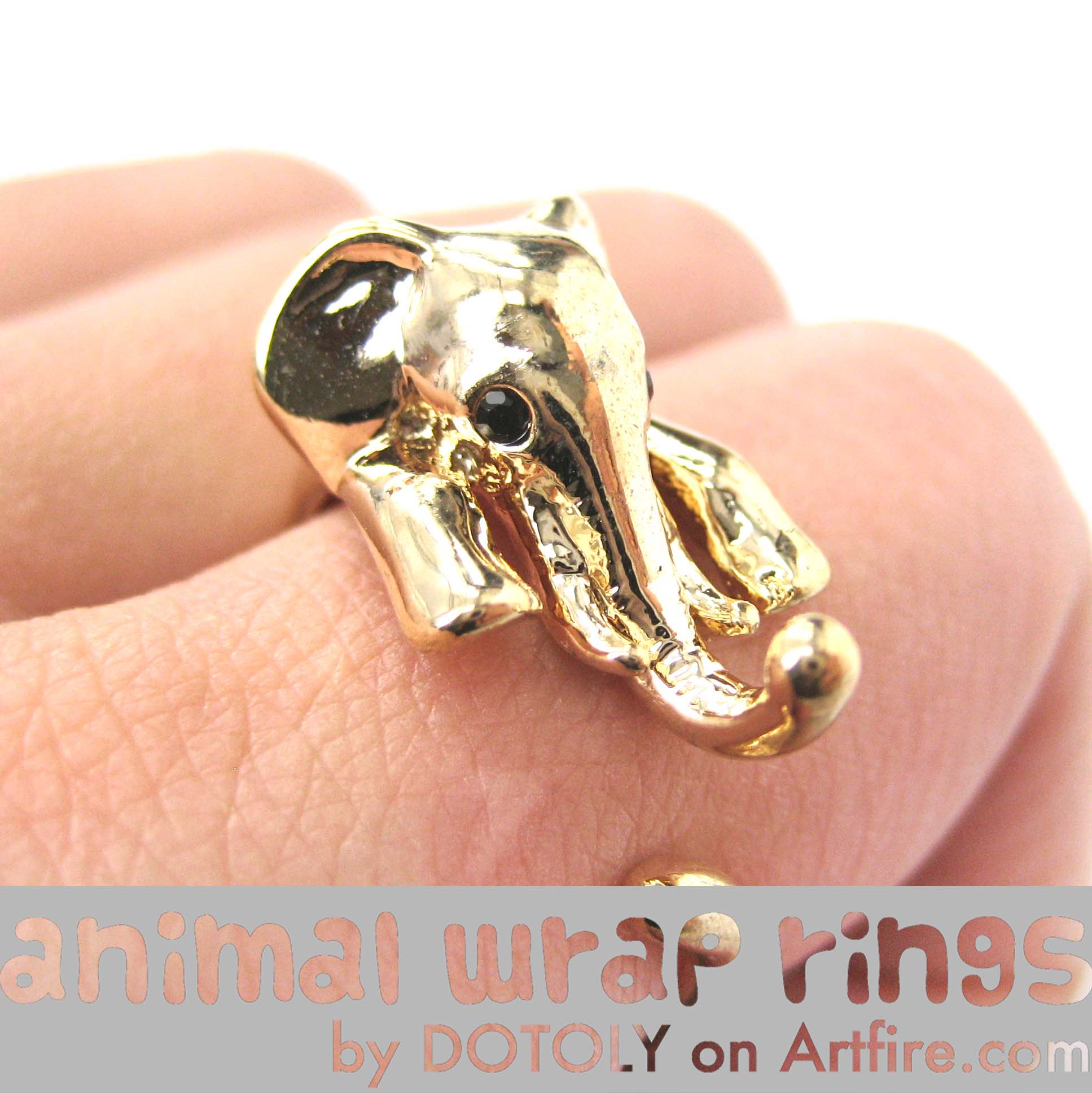 Realistic Elephant Animal Wrap Around Hug Ring In SHINY Gold Sizes 5 To ...