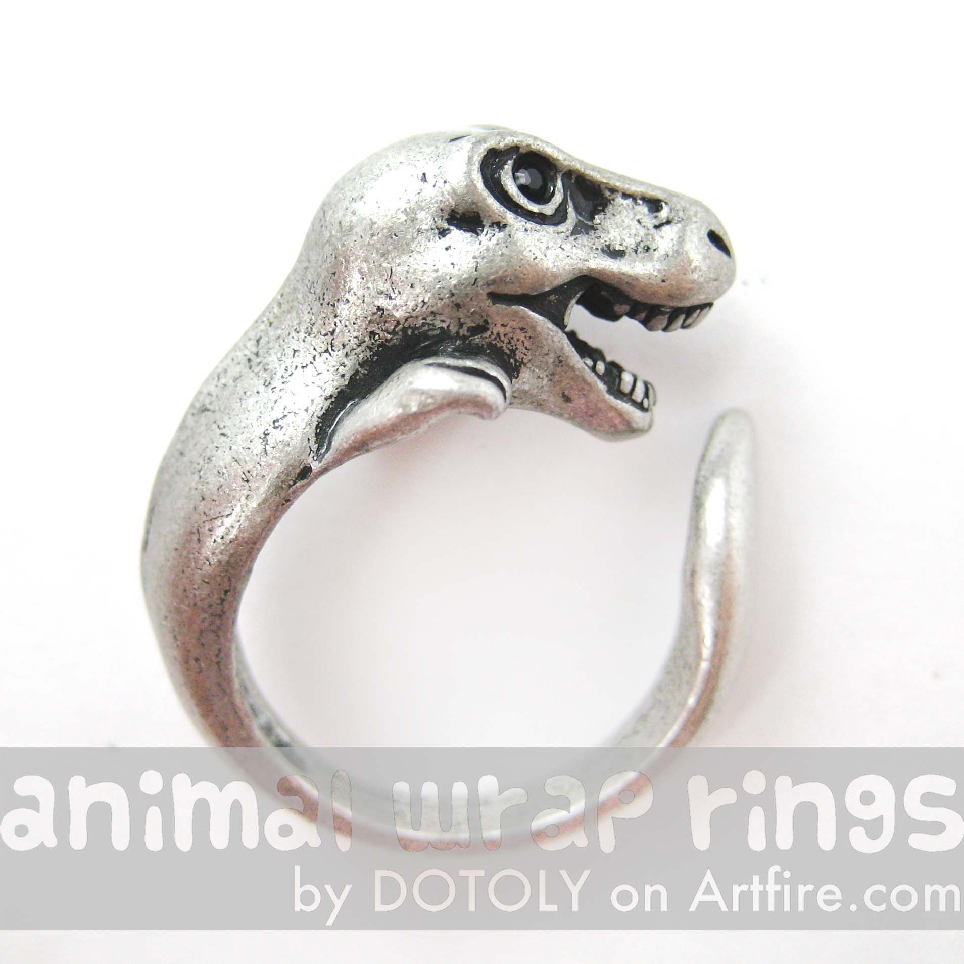 Large 3D Dinosaur Animal Wrap Around Hug Ring In Silver Sizes 4 - 9 on ...
