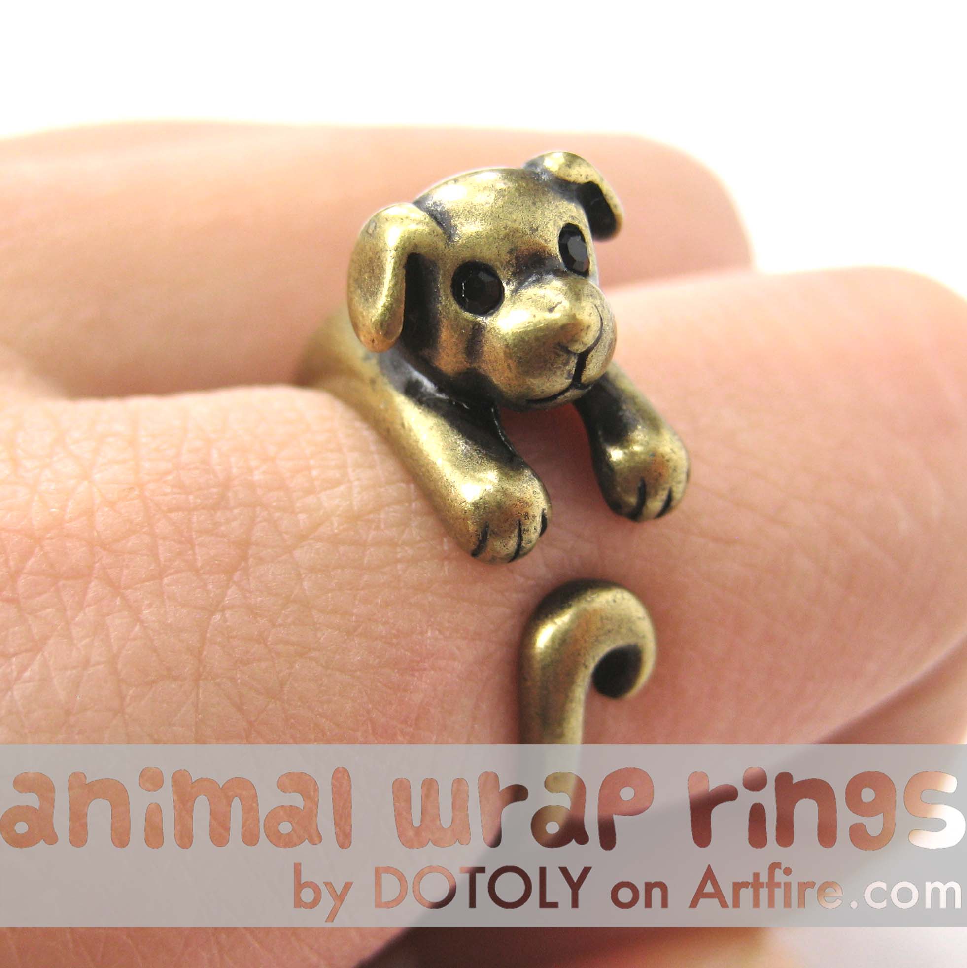 Realistic Puppy Dog Animal Pet Wrap Around Ring In Brass Sizes 4 To 9 ...